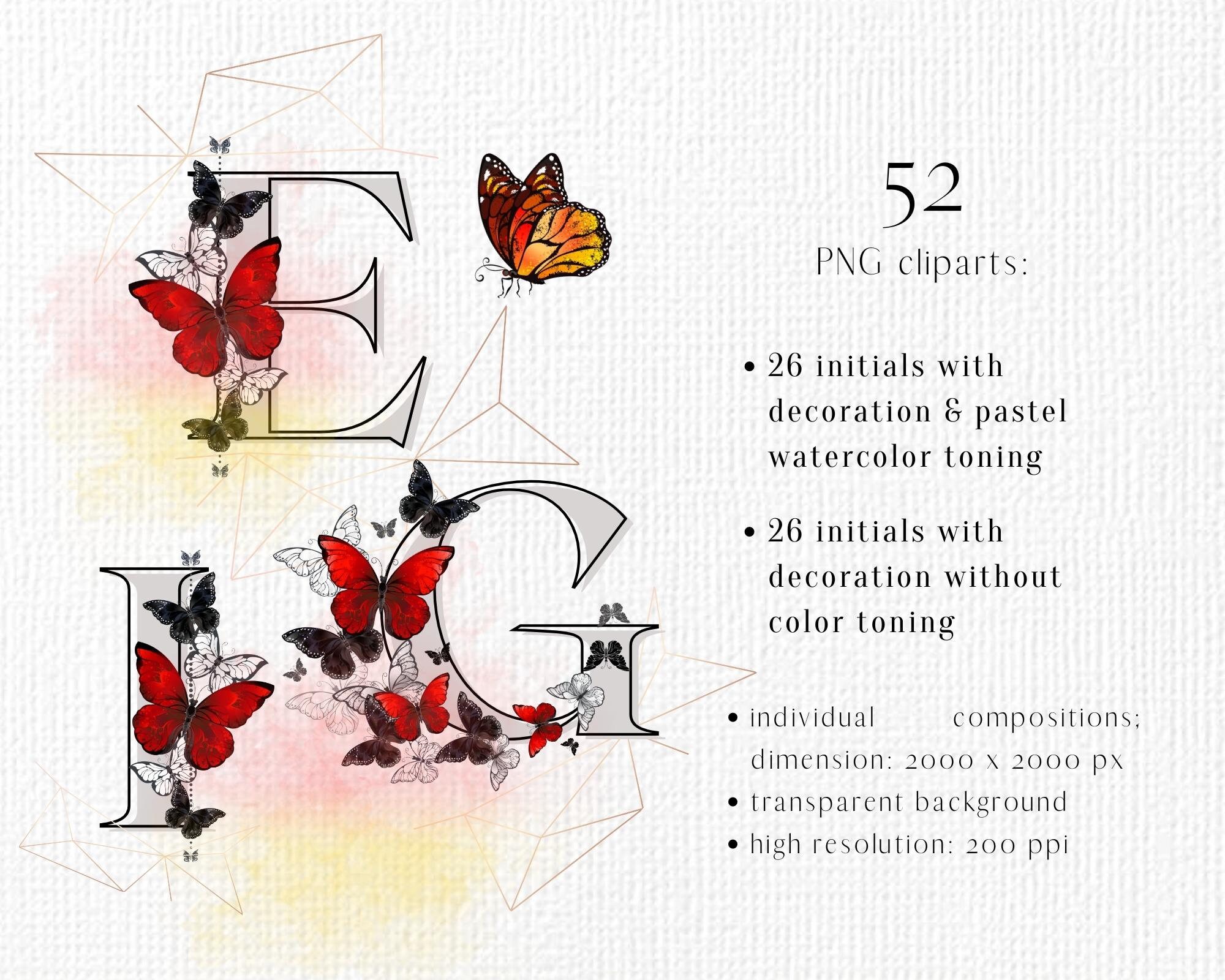 Modern Font Alphabet Initials, Red Black Butterflies Monograms, PNG ...