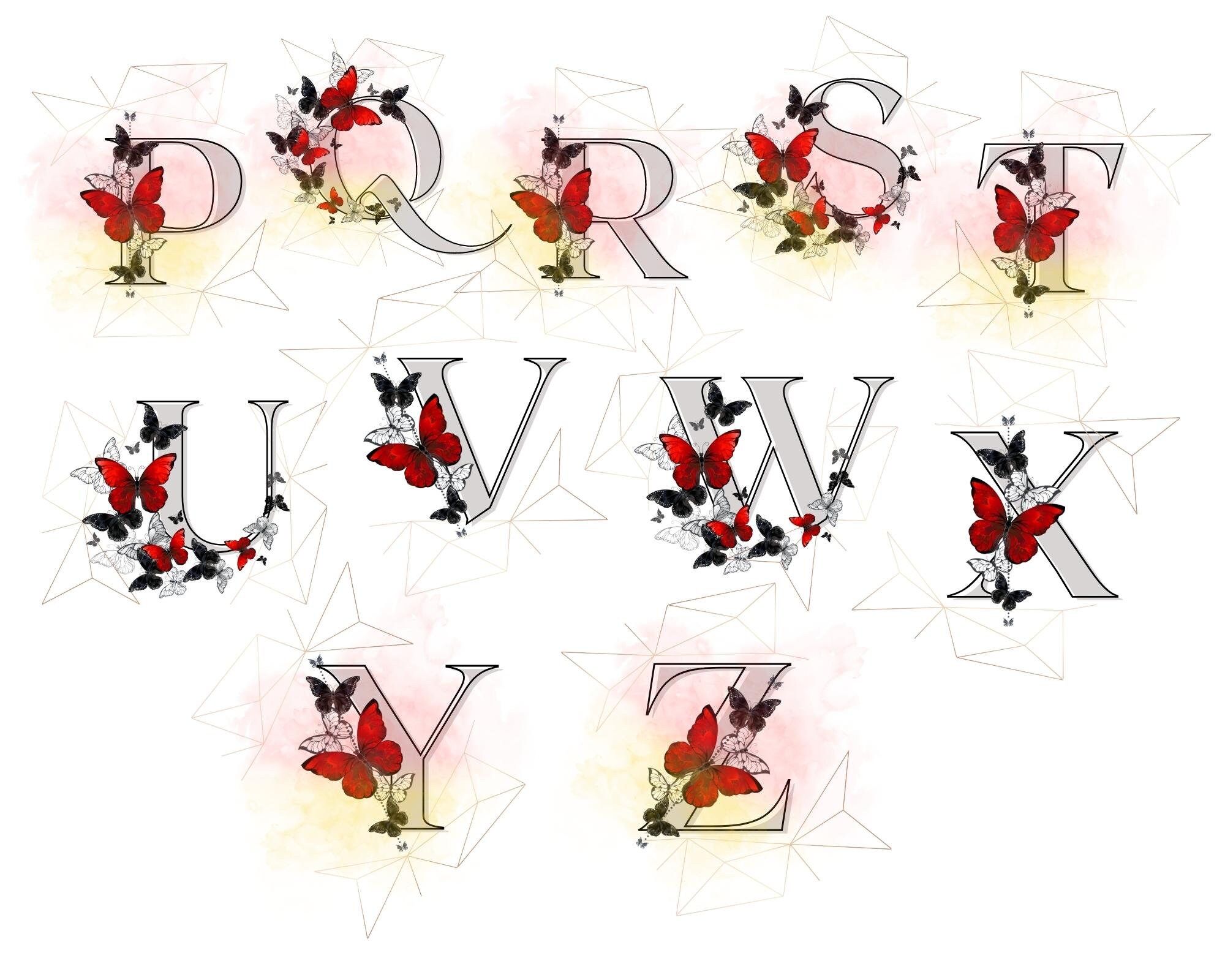 Modern Font Alphabet Initials, Red Black Butterflies Monograms, PNG ...