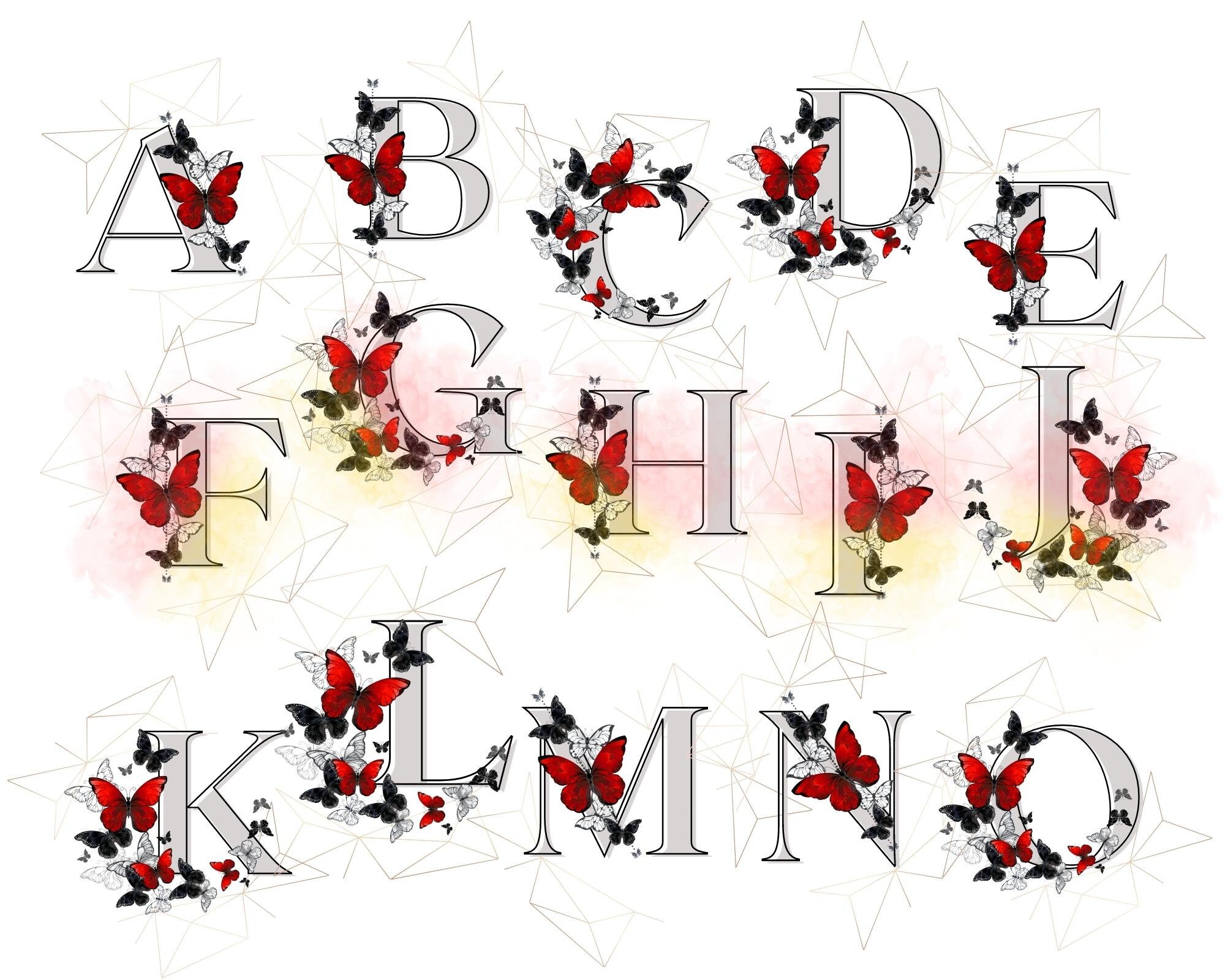 Modern Font Alphabet Initials, Red Black Butterflies Monograms, PNG ...