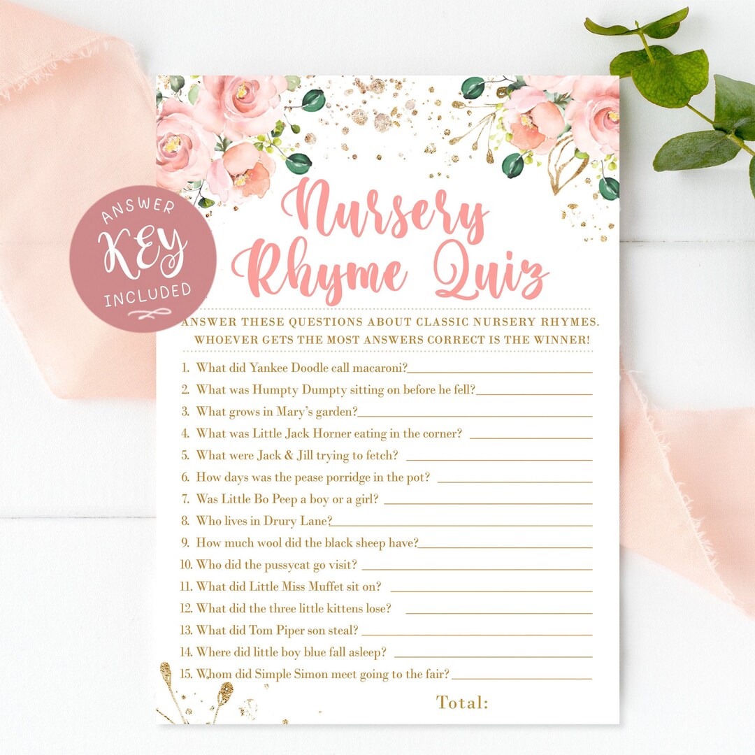 Nursery Rhyme Quiz, Nursery Rhyme Game Printable, Pink Floral Baby ...