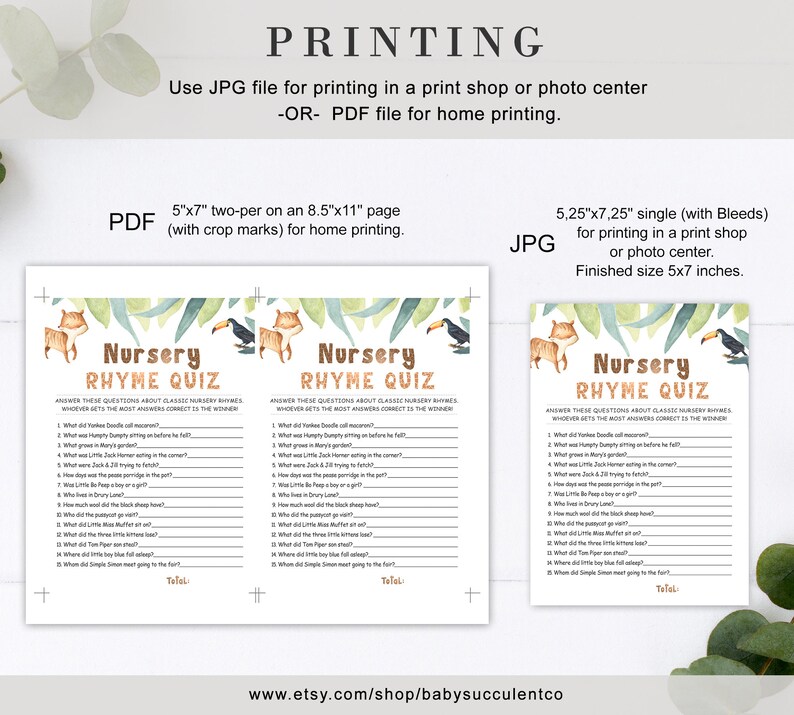 Nursery Rhyme Quiz, Printable Baby Shower Game, Jungle Animals Theme ...
