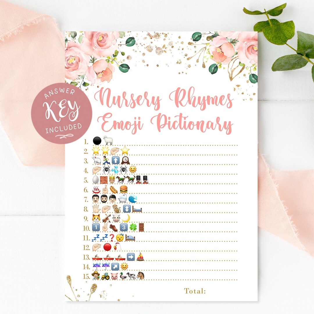Nursery Rhymes Emoji Pictionary, Pink Gold Floral Baby Shower Game ...