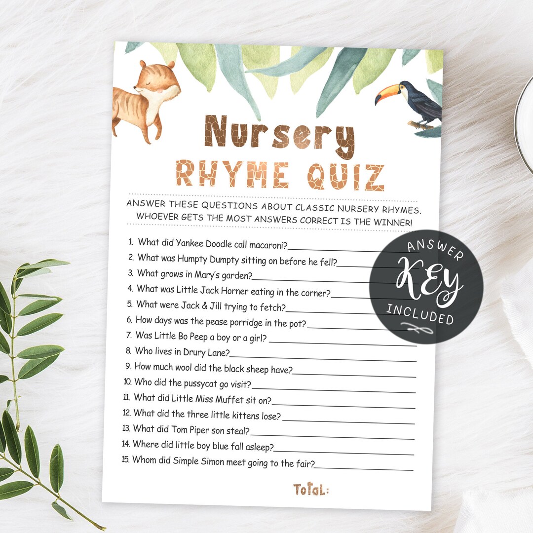 Nursery Rhyme Quiz, Printable Baby Shower Game, Jungle Animals Theme ...