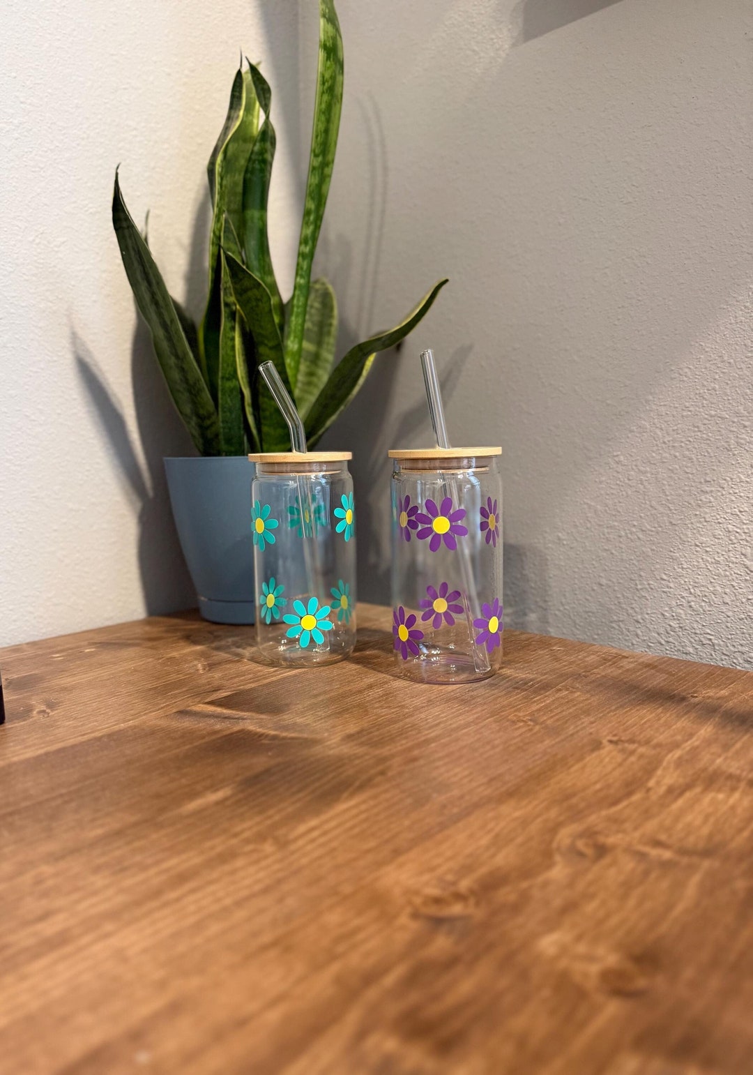 Flower Themed Drinking Glass, Nature Iced Coffee Glass Jar, Glass Can ...