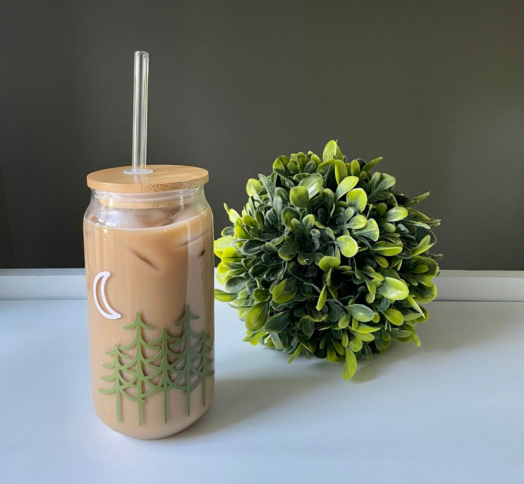 Nature Themed Drinking Glass, Nature Iced Coffee Glass Jar, Glass Can ...
