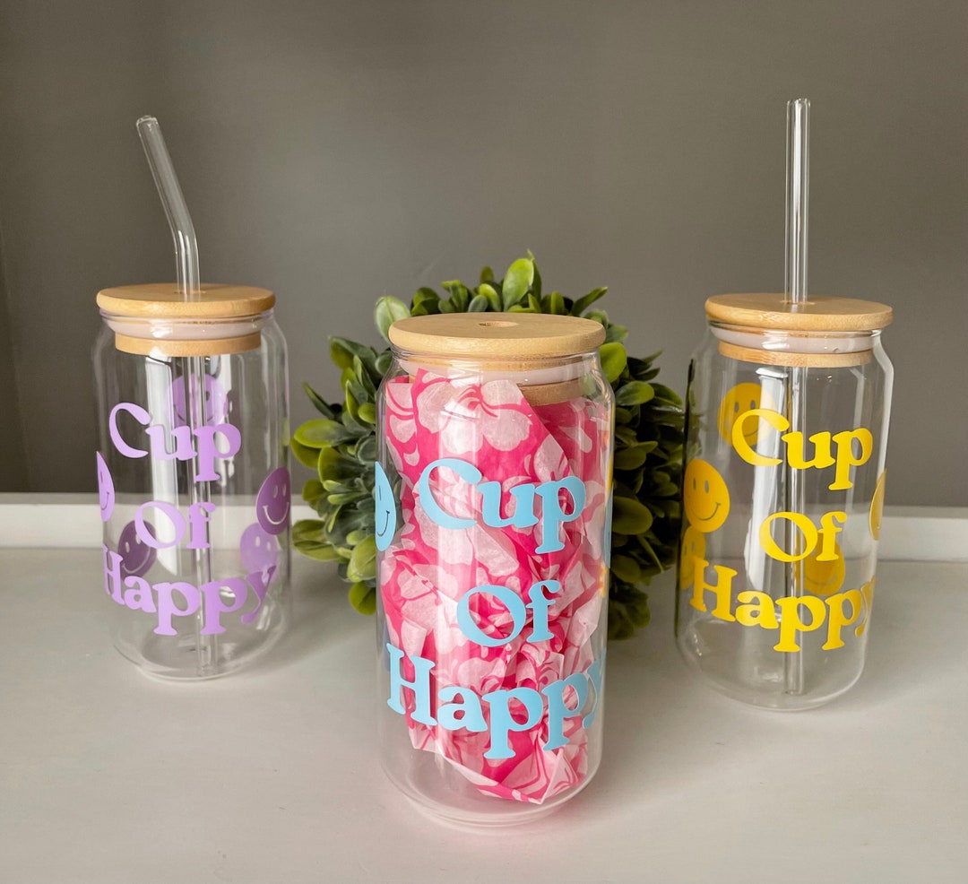 Cup of Happy Drinking Glass, Smiley Face Iced Coffee Glass Jar, Glass ...