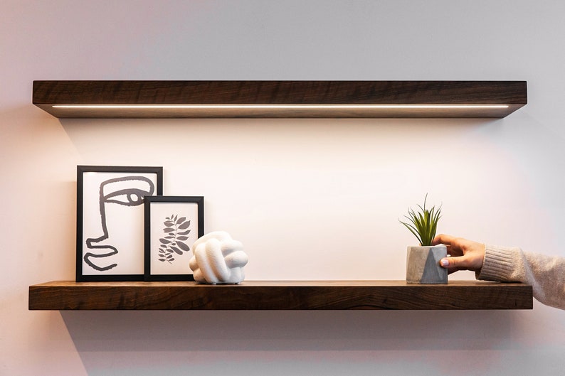 Solid Wood LED Floating Shelf Custom Sized With Live and Natural Edge ...