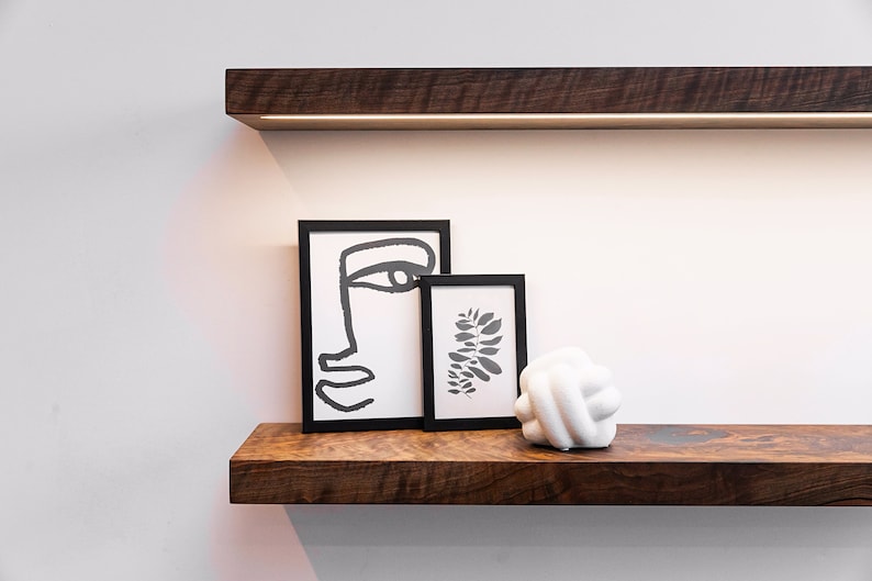 Solid Wood LED Floating Shelf Custom Sized With Live and Natural Edge ...