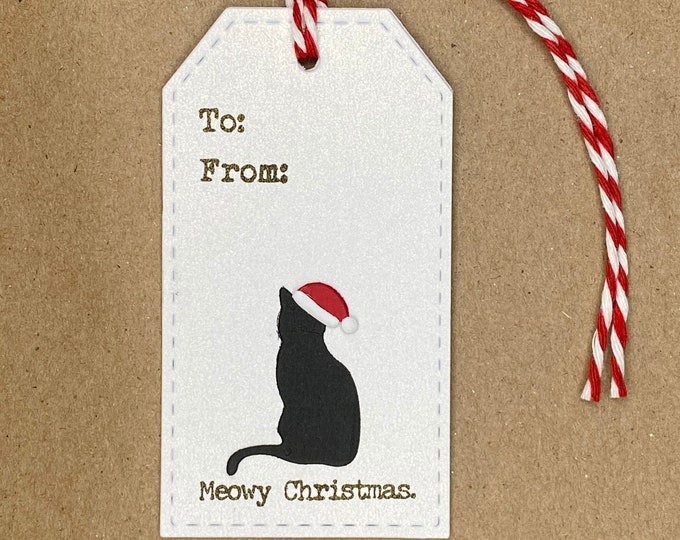Set of 5 - Cat With Santa Hat “meowy Christmas” Die Cut Gift Tags by ...
