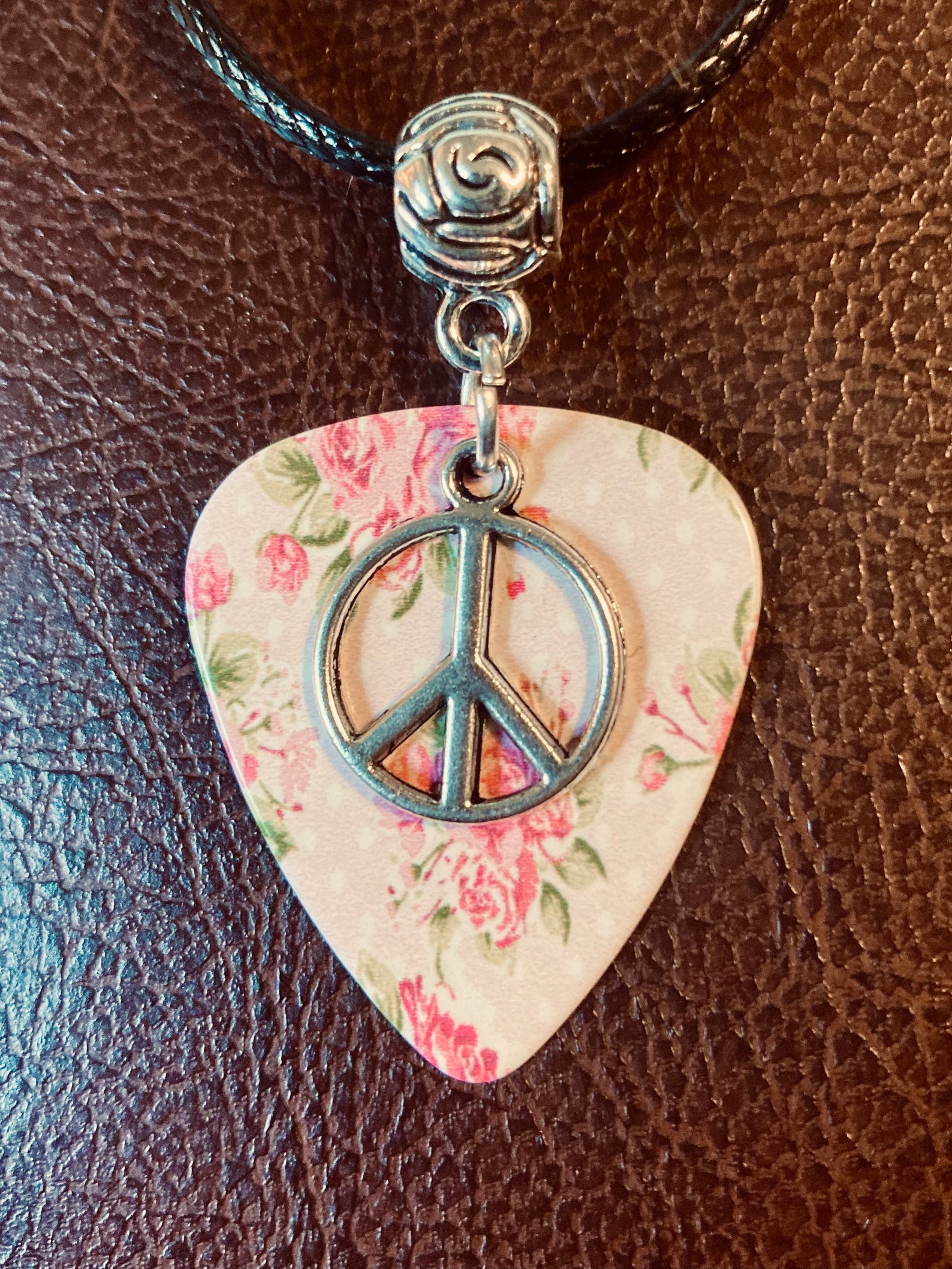 Floral Guitar Pick/peace Sign Charm W/cord. - Etsy