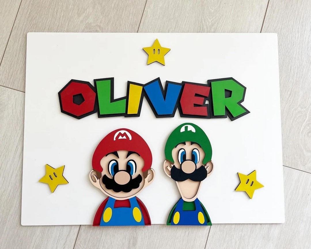 Wooden Super Mario & Luigi Personalised Name Plaque / Sign Boys / Girls ...