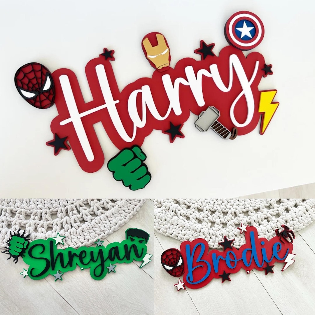Wooden Avengers / Spider-man / Hulk Inspired Layered Name Plaque • Boys ...