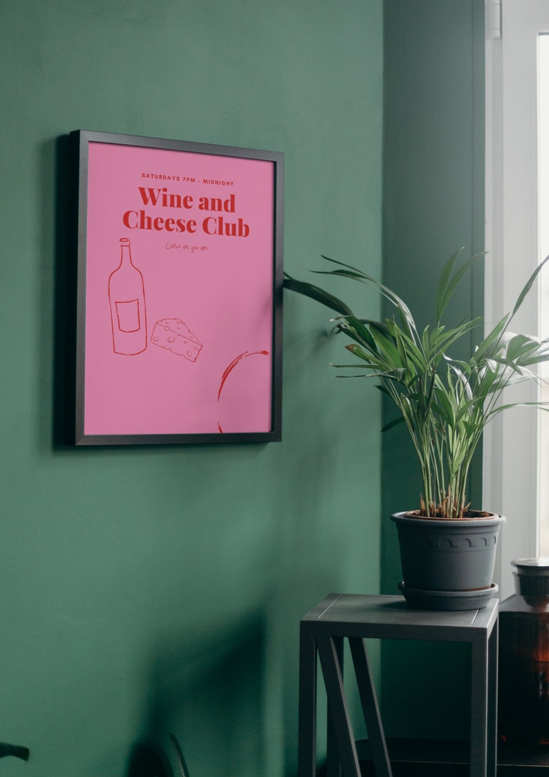 Wine and Cheese Hand Drawn Style Poster Trendy Pink and Red Kitchen ...
