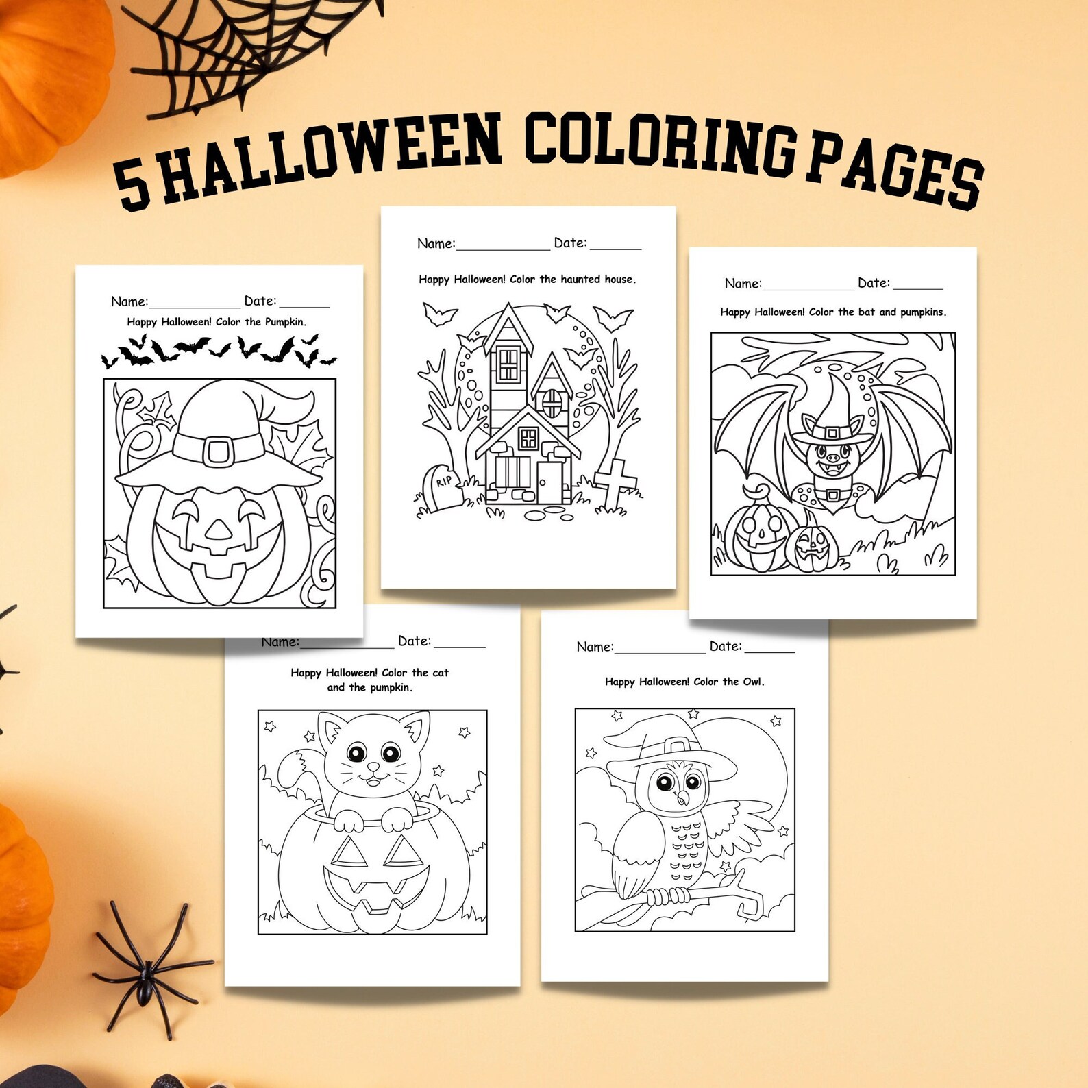 5 Halloween Coloring Page, Large Form for Toddler, Digital Download ...