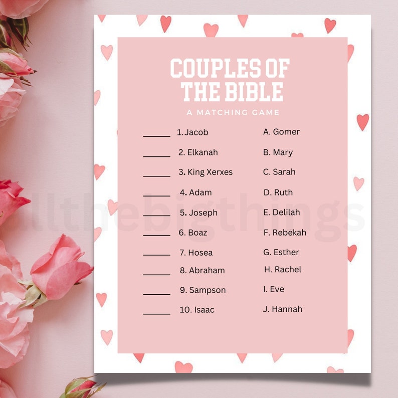 Bible Couples Match Game | Valentine Bible Match Party Game | Bible ...