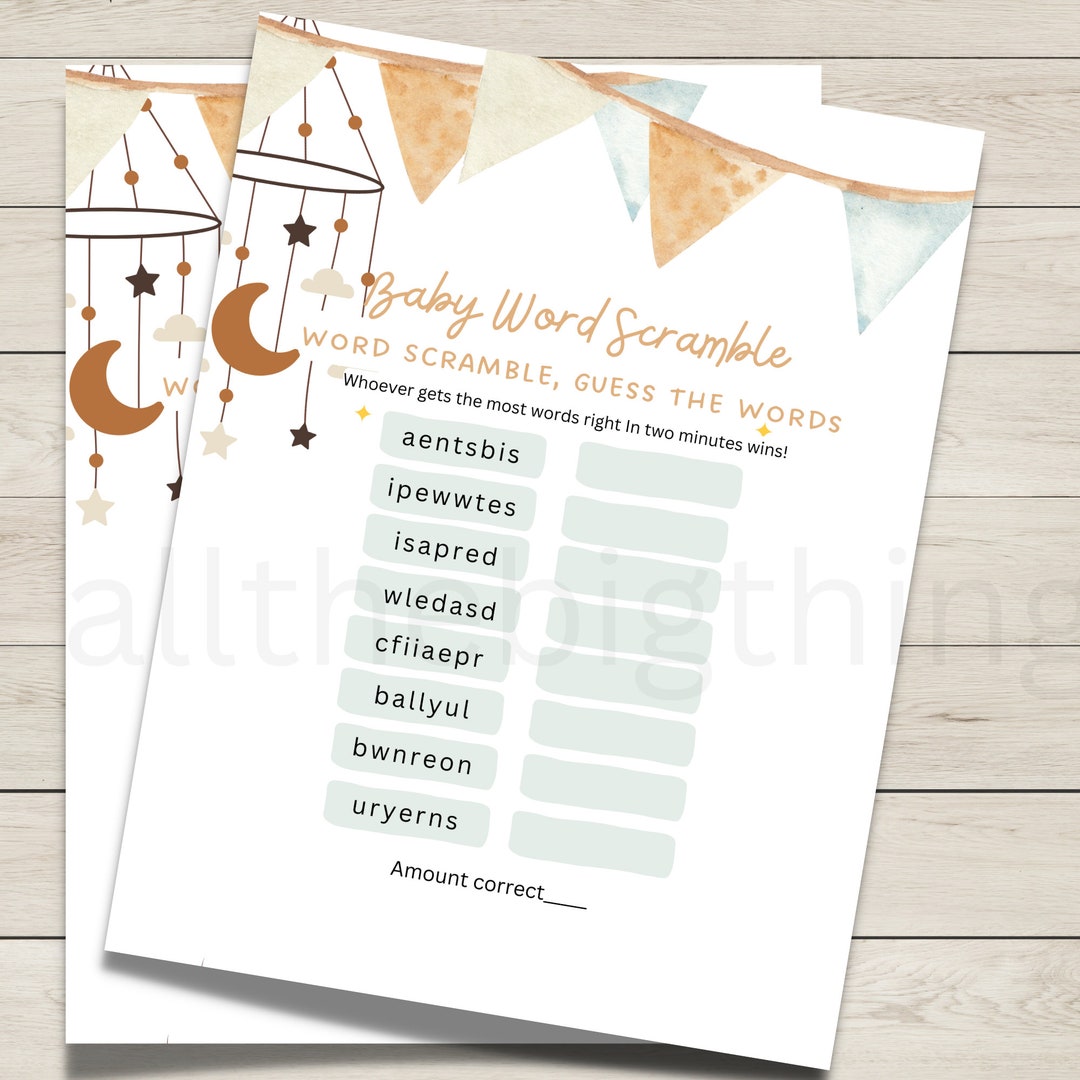 Baby Word Scramble Game Template | Baby Boy Shower | Baby Word Puzzle ...