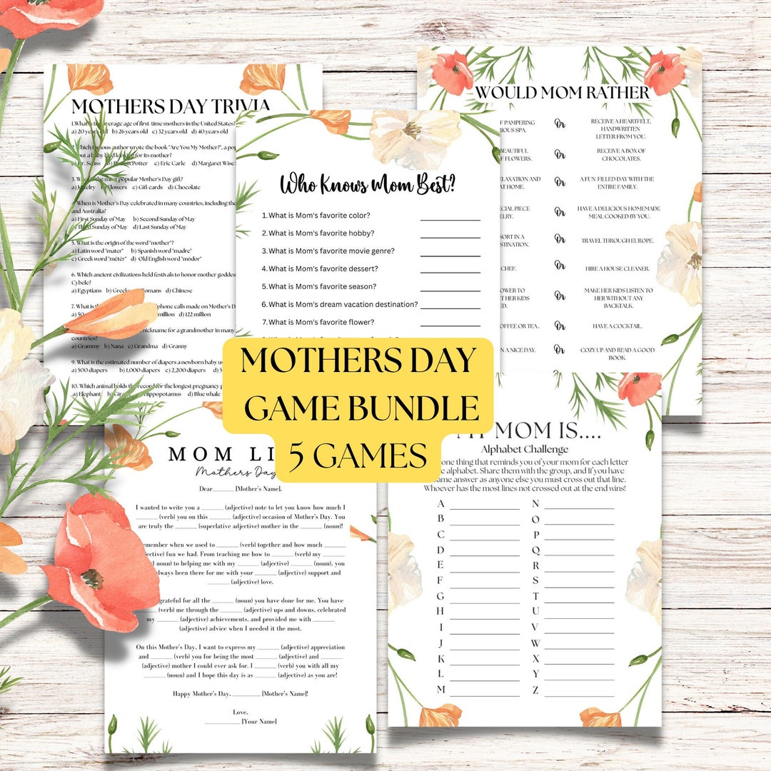 Printable Mother's Day Game Bundle, 5 Games, Mothers Day Game, Games ...