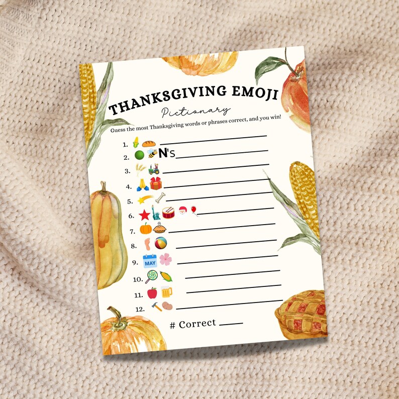 Thanksgiving Emoji Pictionary Game, Thanksgiving Printable Games, Fun ...