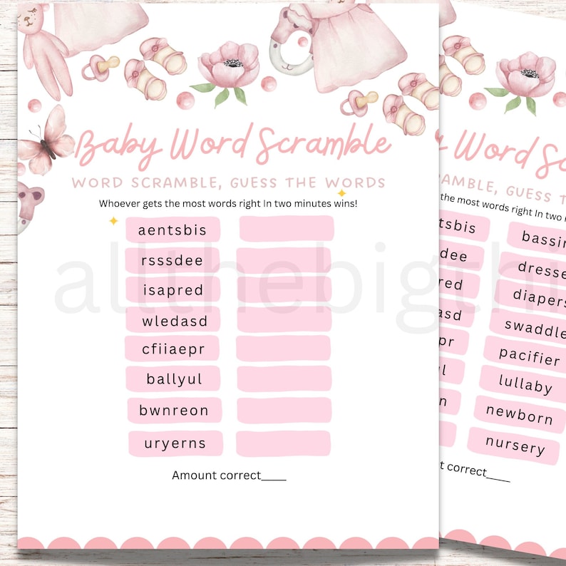 Baby Word Scramble Game Template | Baby Girl Shower | Baby Word Puzzle ...