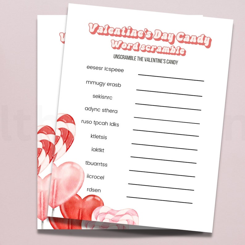 Valentine's Day Candy Word Scramble Game | Valentine Printable Games ...