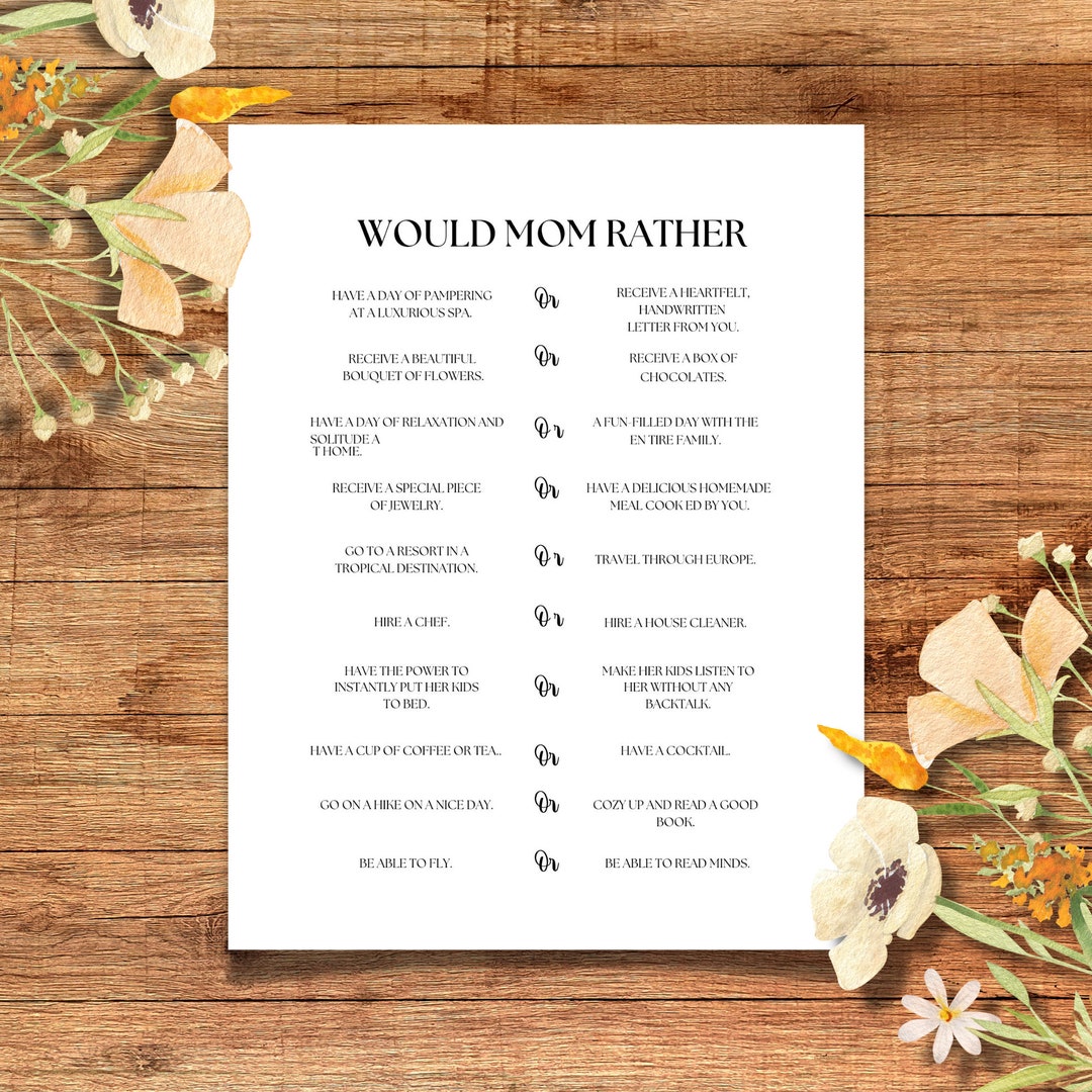 Mother's Day Quiz Would She Rather Game Mother Day Trivia Game ...