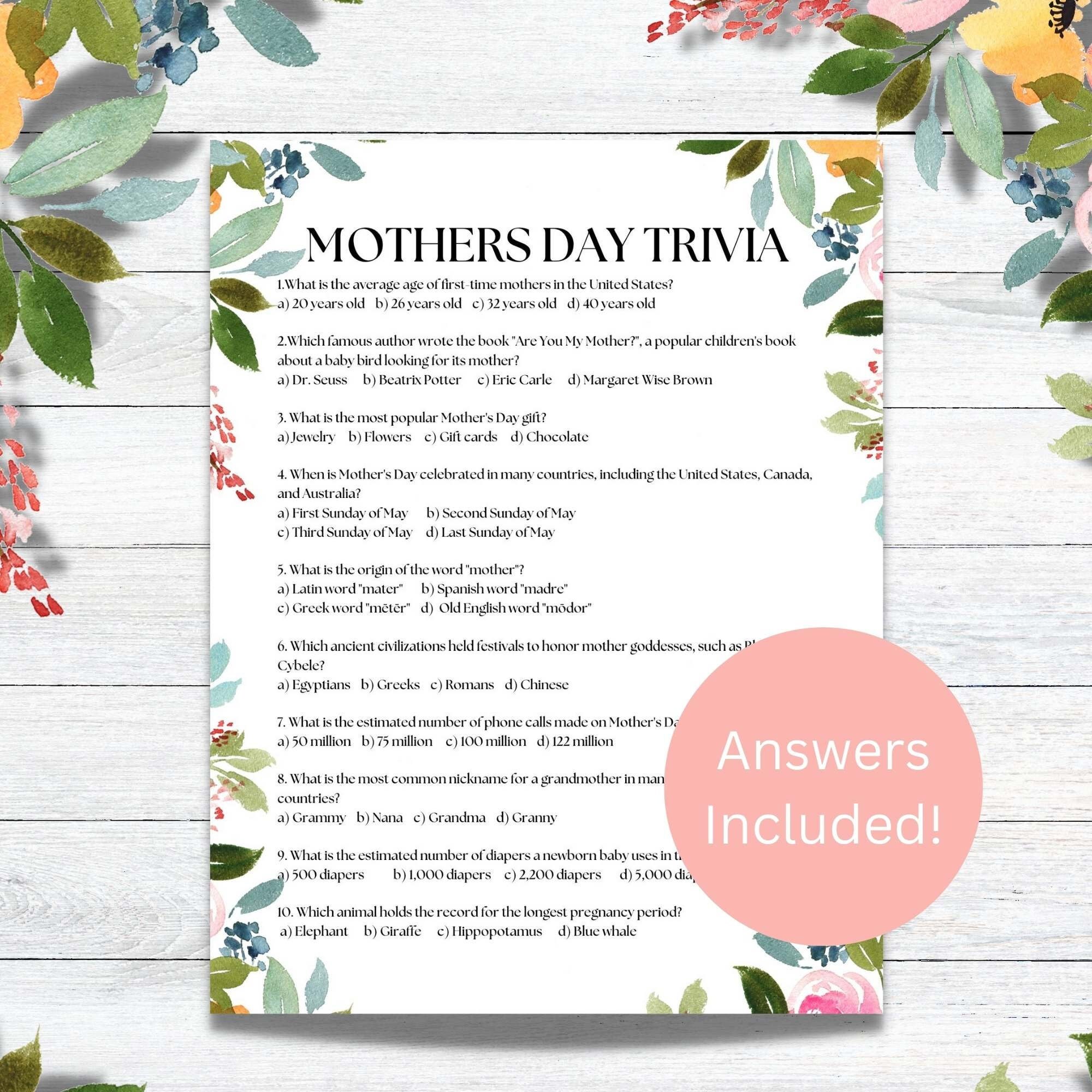 Mother's Day Trivia Quiz True or False Game Mother Day Trivia Game ...