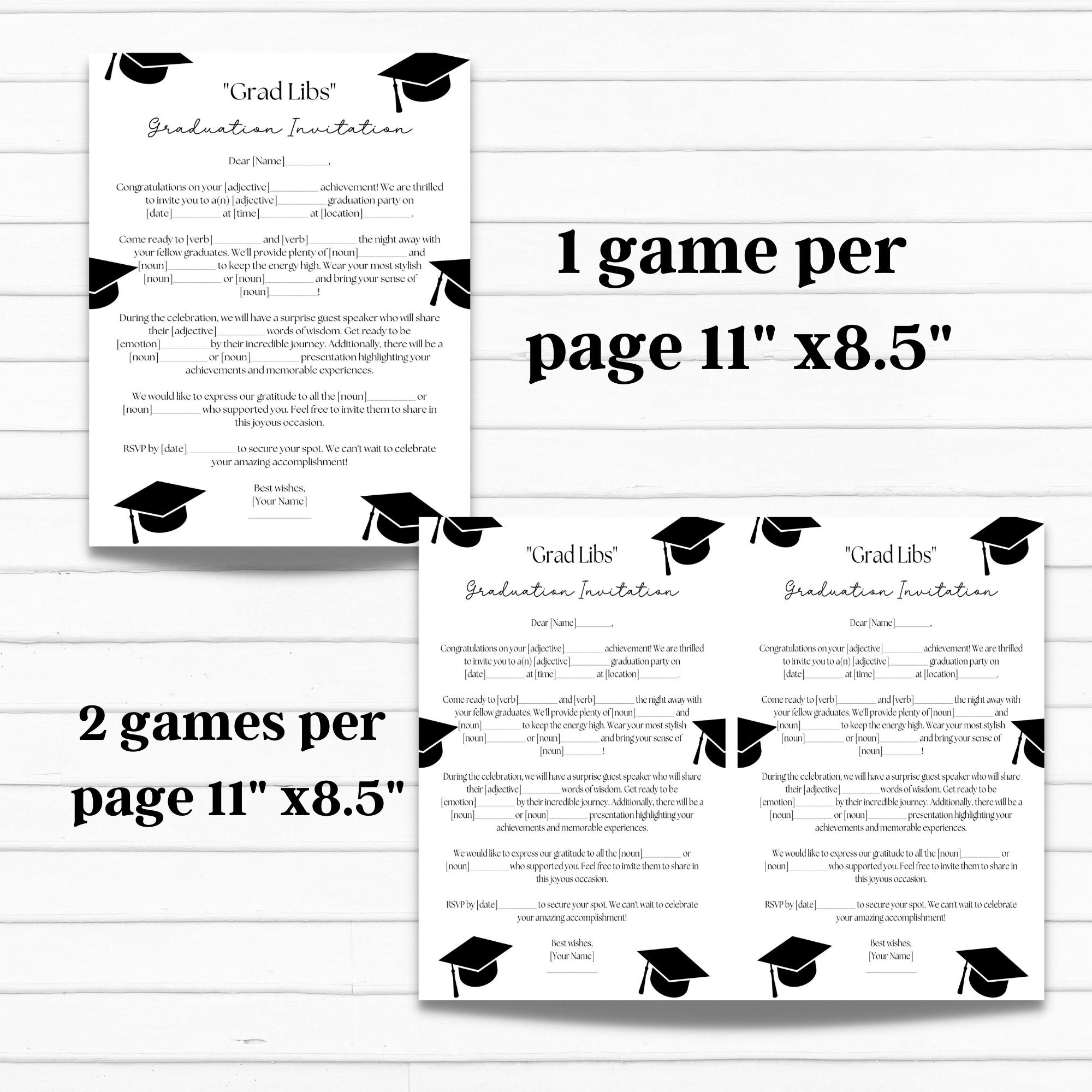 Grad Libs - Graduation Mad Lib Advice Cards in Black, Printable Instant ...