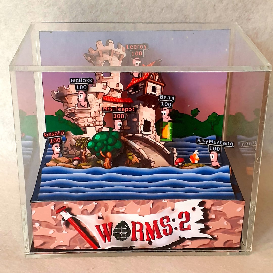 Worms 2 Cube Diorama - 3D Videogame - Gift for Gamer - Shadow Box ...