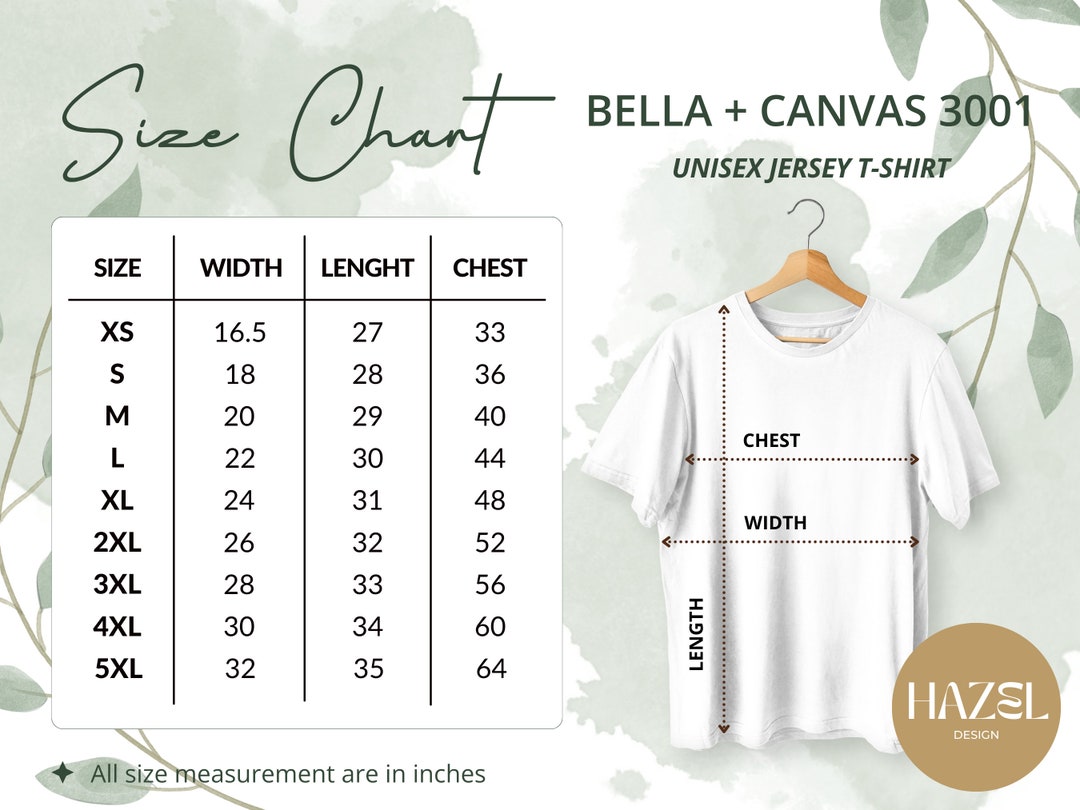 Bella Canvas 3001 Size Chart, Print on Demand Size Chart, 3001 Bella ...