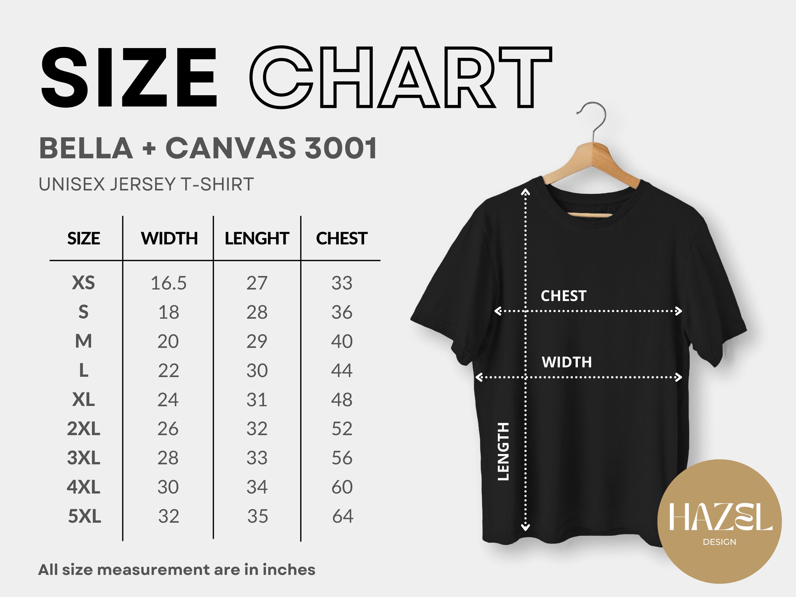 Bella Canvas 3001 Size Chart, Print on Demand Size Chart, 3001 Bella ...