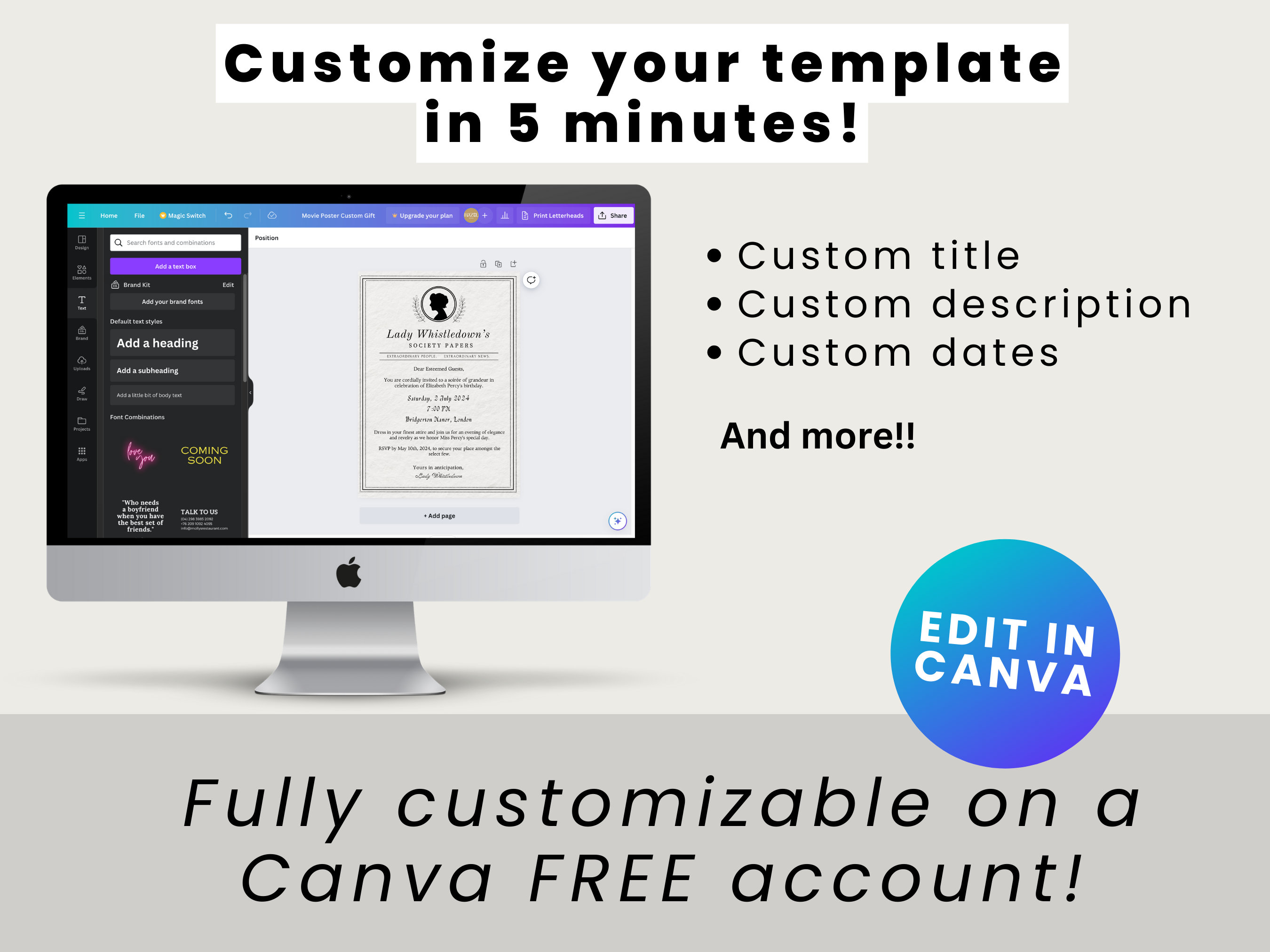 Custom Invite, Society Papers, Birthday Card, Template for Canva ...