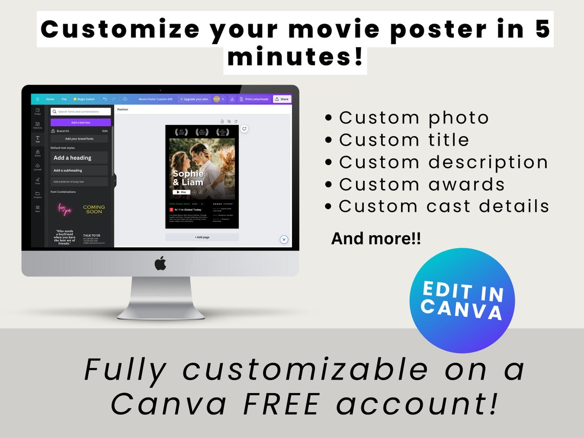 Custom Movie Poster Template for Canva, Personalized Poster, Valentines ...