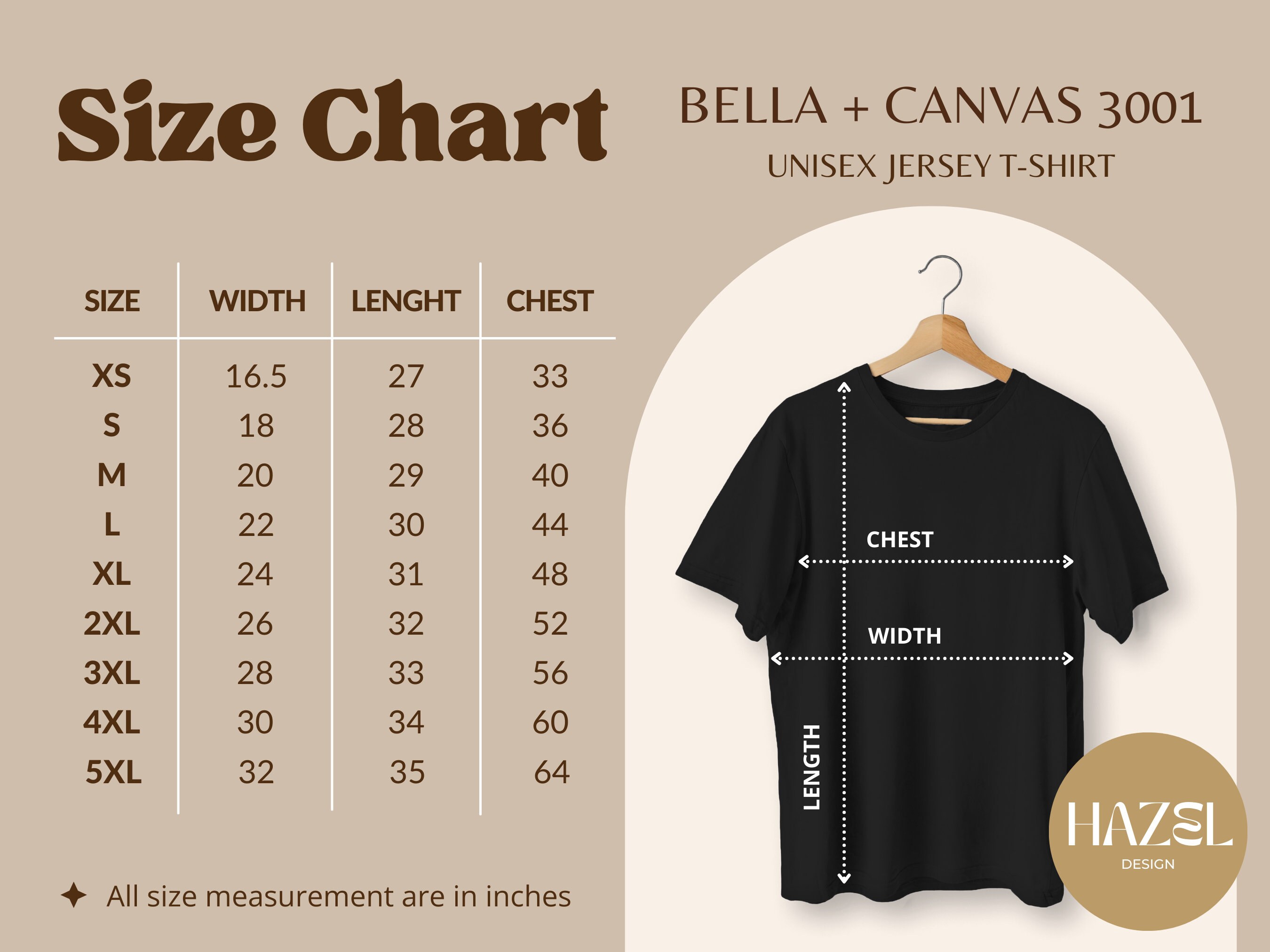 Bella Canvas 3001 Size Chart, Print on Demand Size Chart, 3001 Bella Mockup, Size Chart, Bella ...