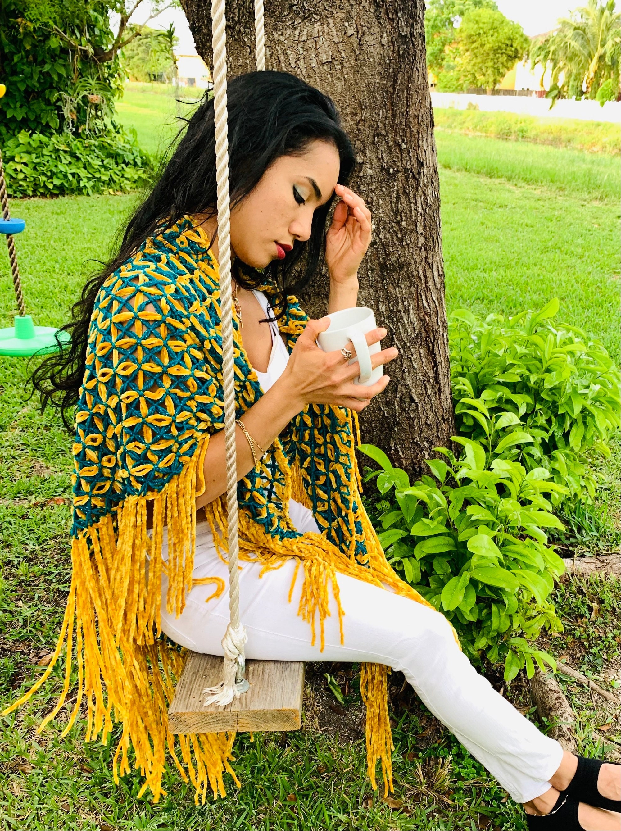 GOLD Yellow Charming Velvet Poncho, Sparkle Teal Vintage Scarf, Laced ...