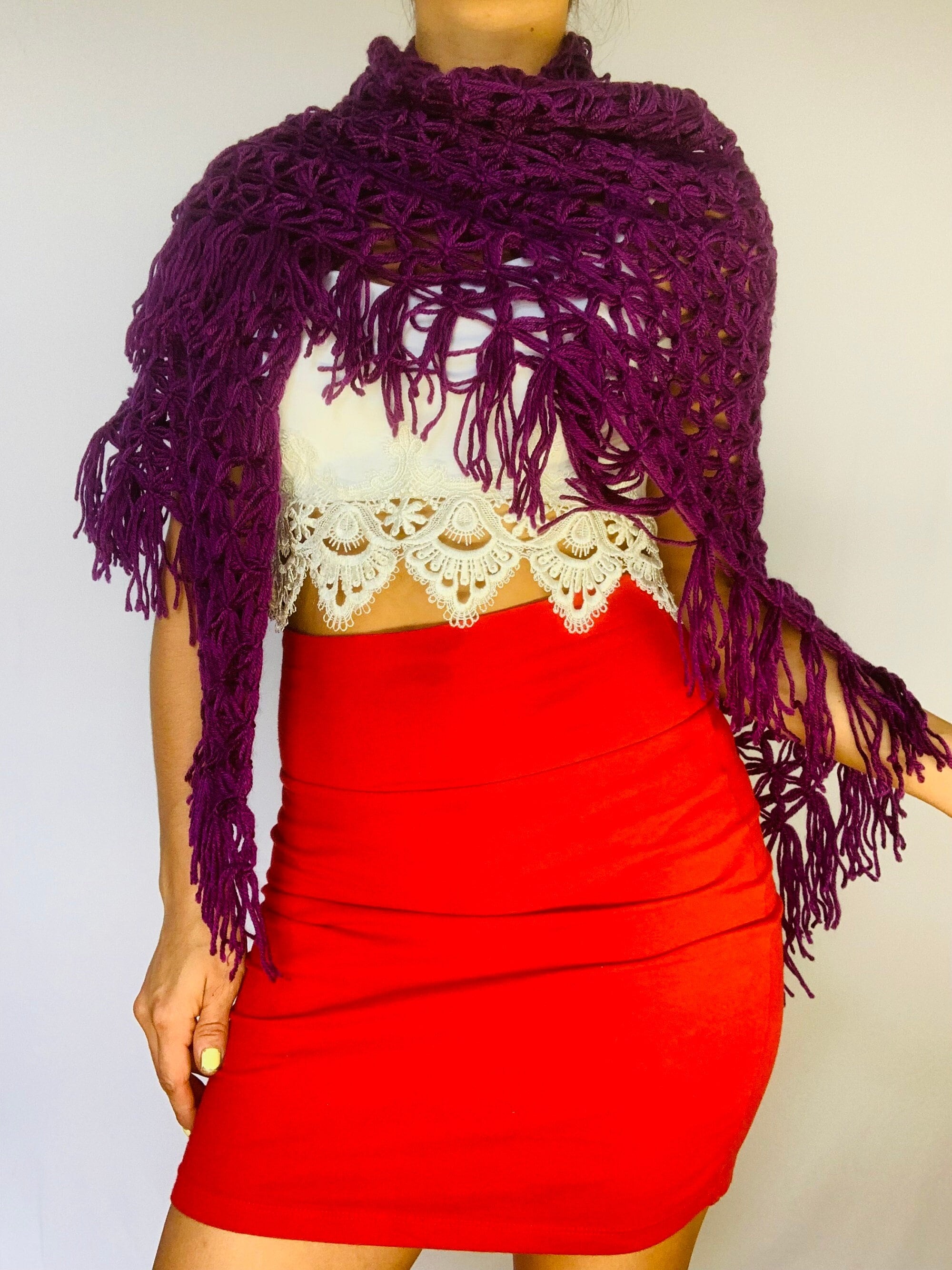 Purple Lace Shawl / Soft Fringed Woven Bandana Cowl / Dark Plum ...