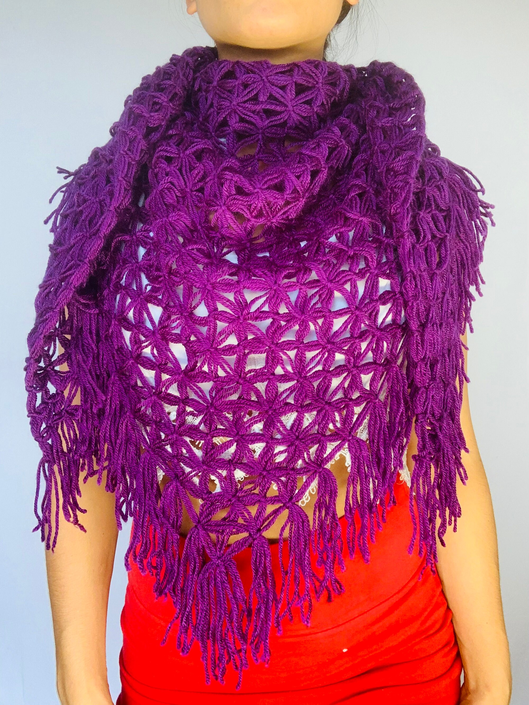 Purple Lace Shawl / Soft Fringed Woven Bandana Cowl / Dark Plum ...