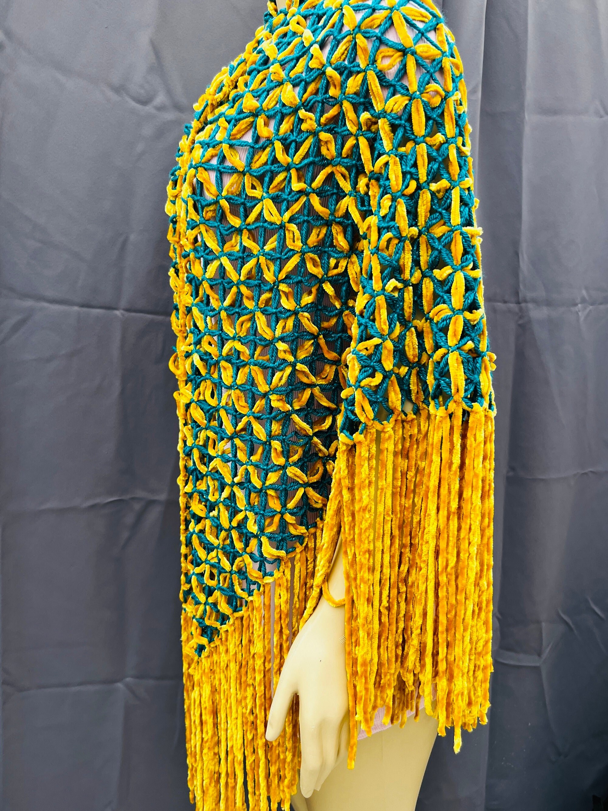 GOLD Yellow Charming Velvet Poncho, Sparkle Teal Vintage Scarf, Laced ...