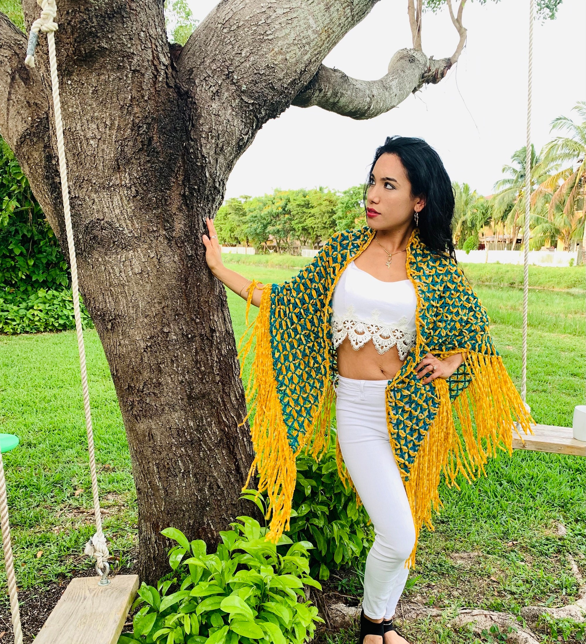 GOLD Yellow Charming Velvet Poncho, Sparkle Teal Vintage Scarf, Laced ...