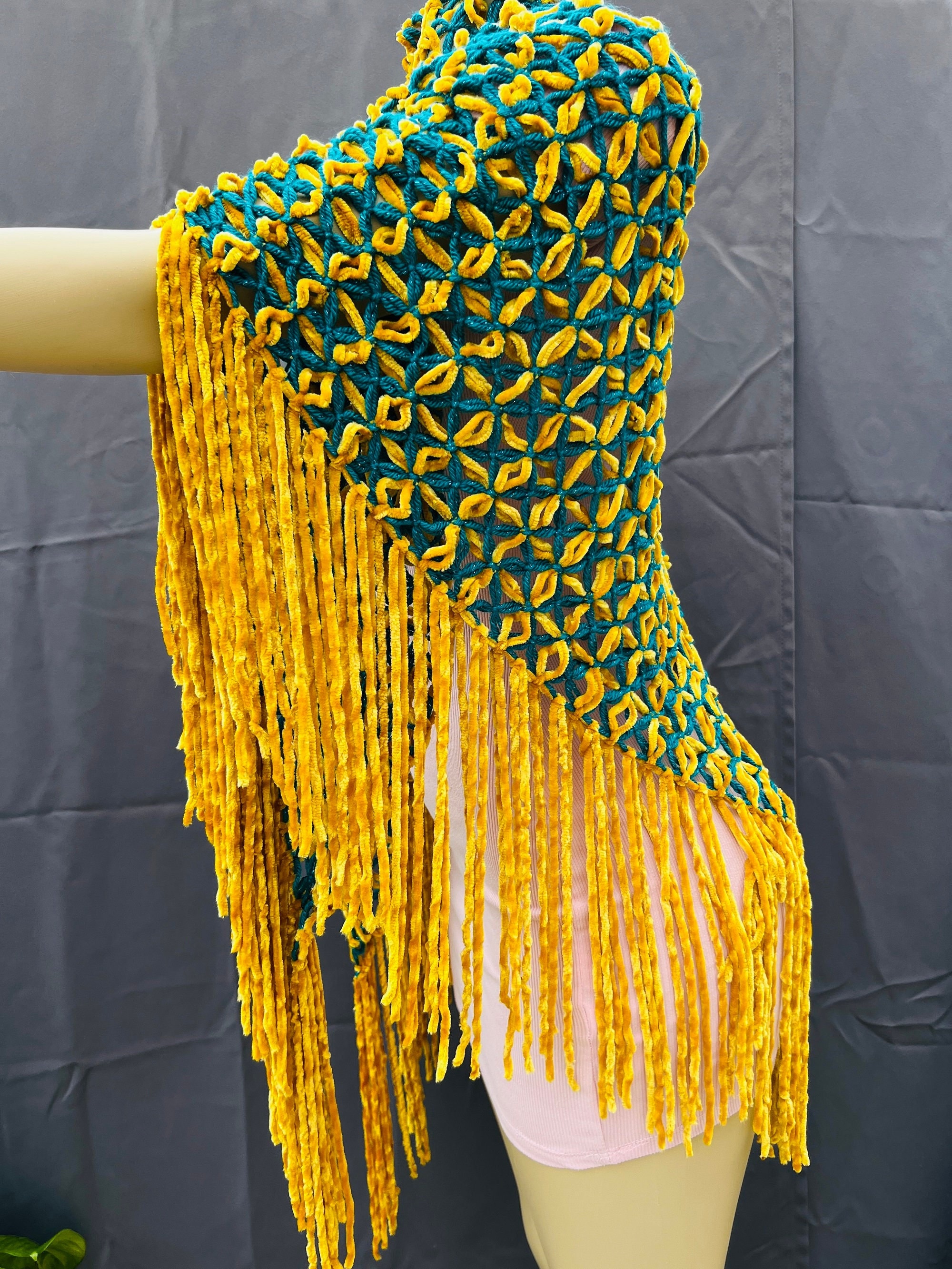 GOLD Yellow Charming Velvet Poncho, Sparkle Teal Vintage Scarf, Laced ...
