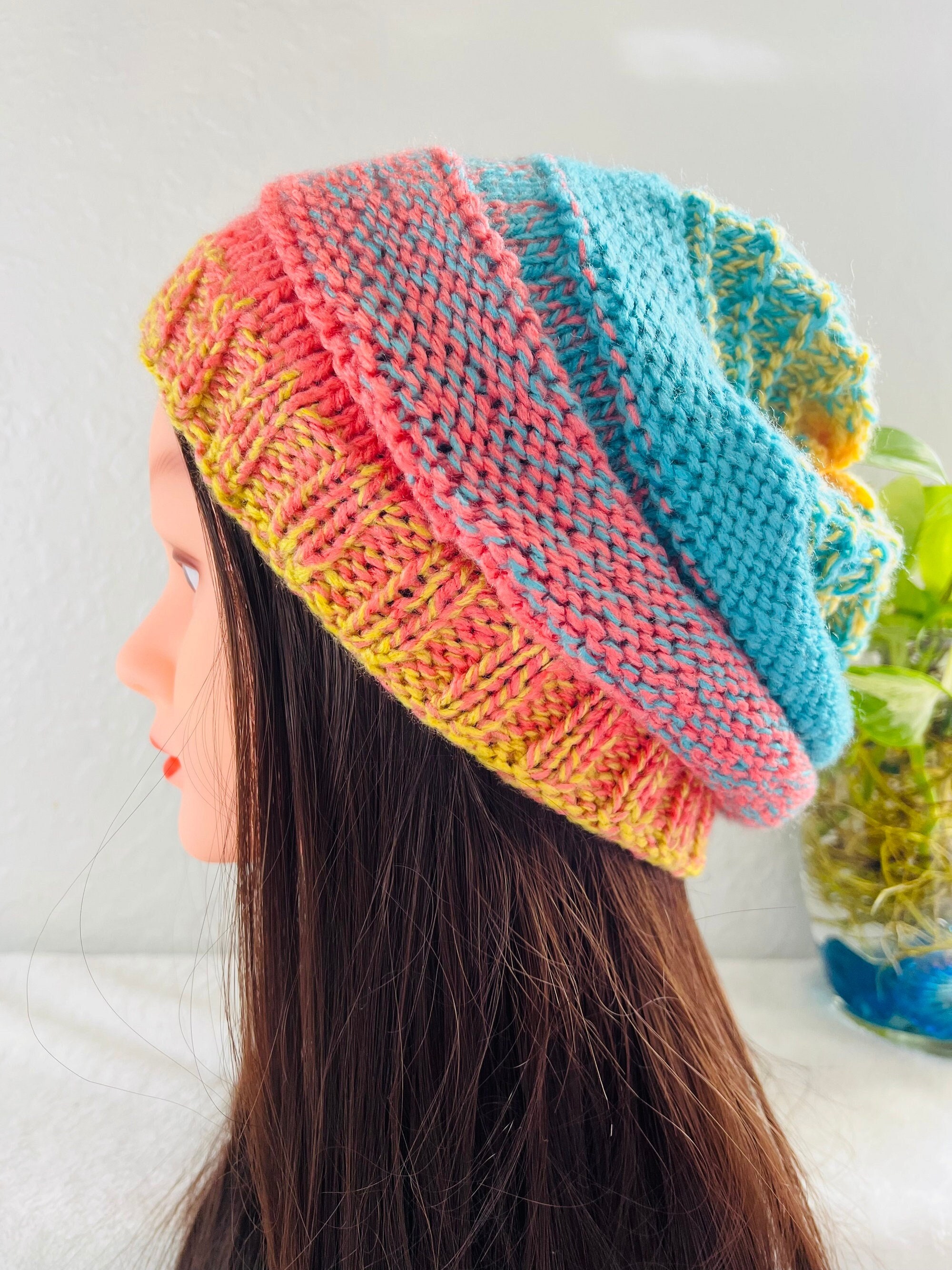 Colorful Rainbow Hand Knit Beanie, Slouchy Unisex Tam Hat, One Size ...