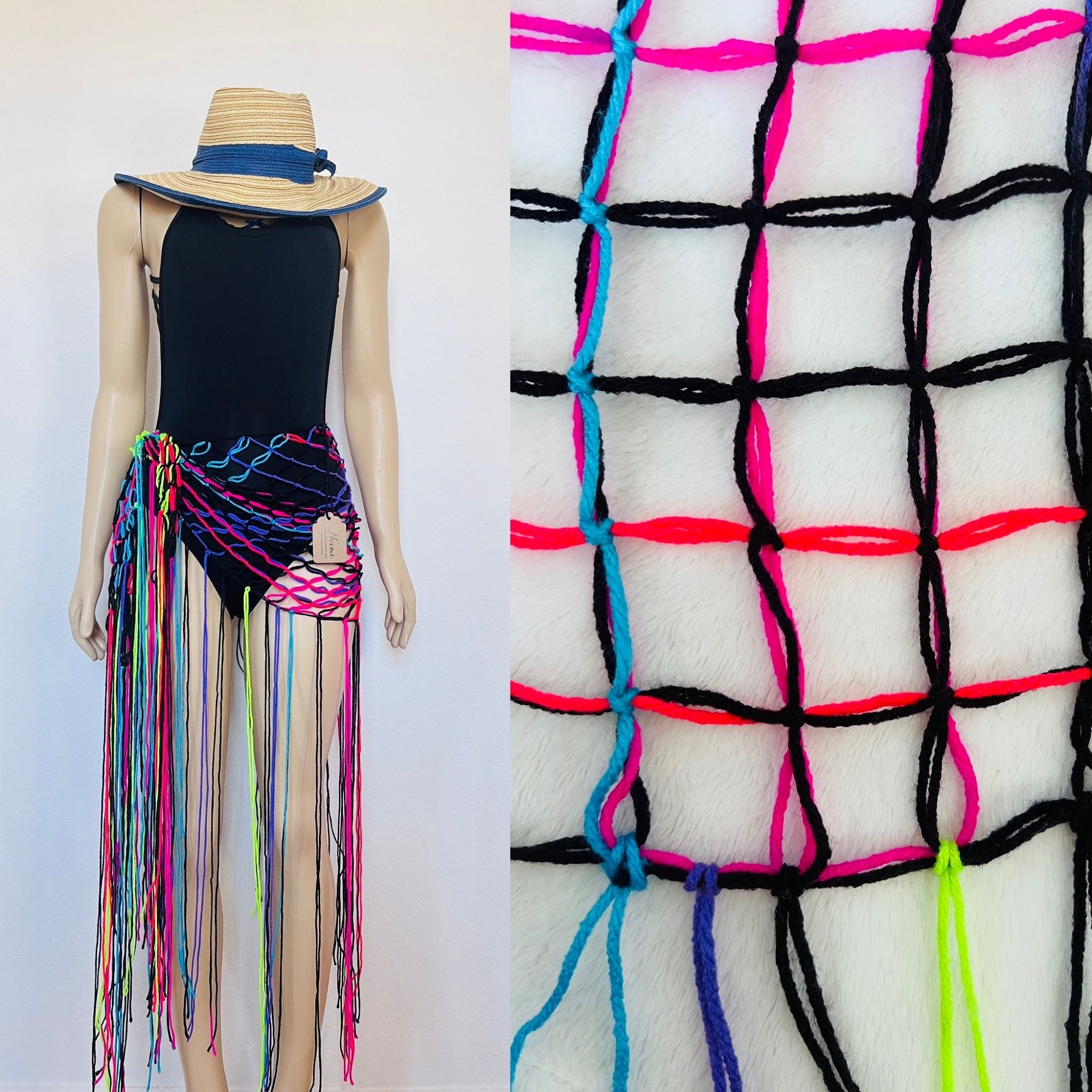 Handmade Spaghetti Fringe Strap Cover Up, Colorful Neon Fishnet Bikini ...