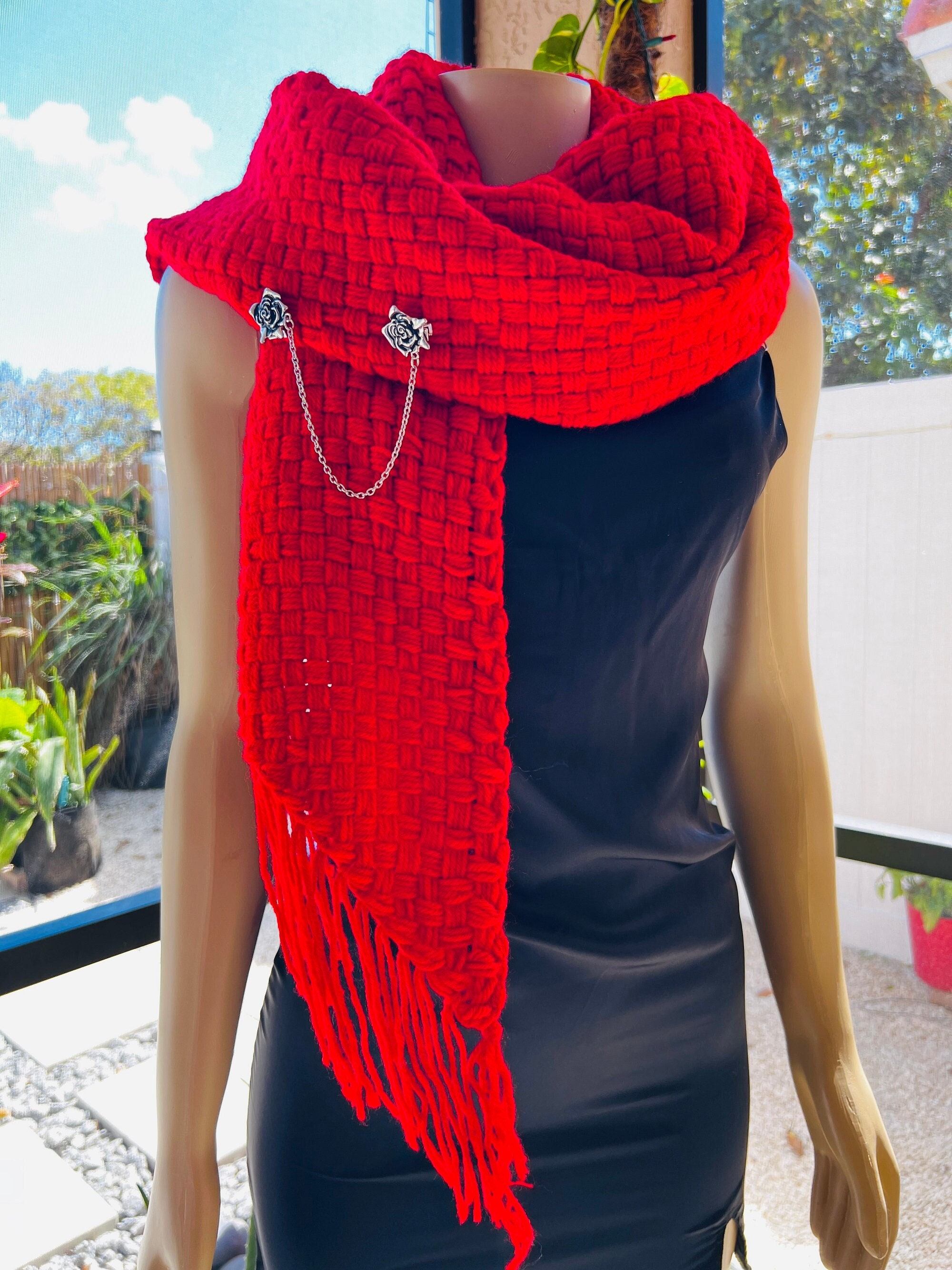 Handwoven Bright Red Fringe Shawl/wrap Triangular Warm Scarf *pin ...