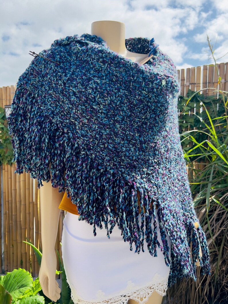 Large, Soft and Lightweight Triangular Shawl. Handmade. Blues, Purples ...