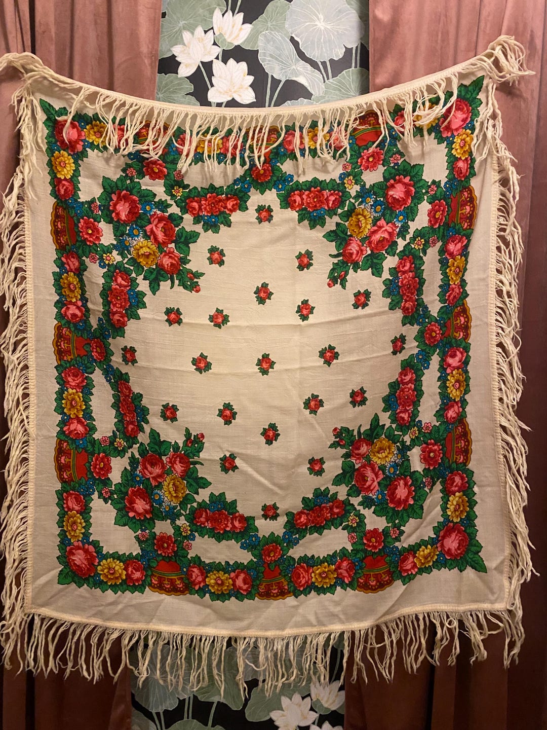 Vintage Ivory Wool Floral Dikhlo Fringe Shawl 35.5 X 39 Inches - Etsy