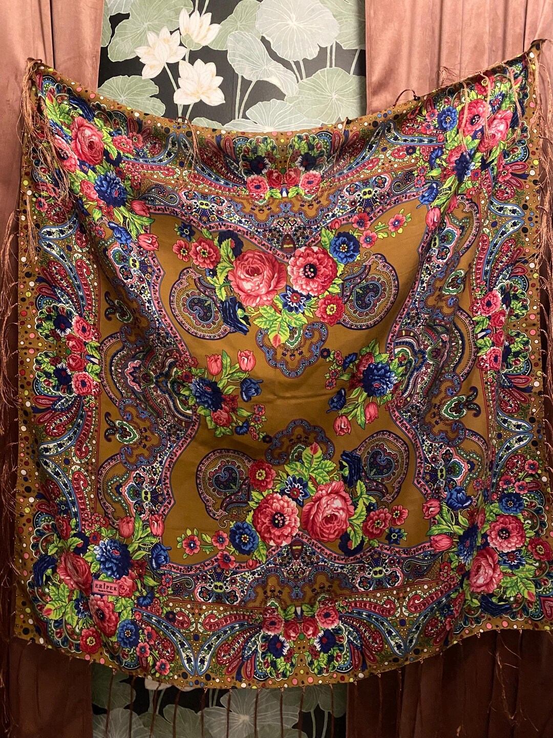 Large Vibrant Tan Brown Wool Floral Dikhlo Fringe Shawl - Etsy