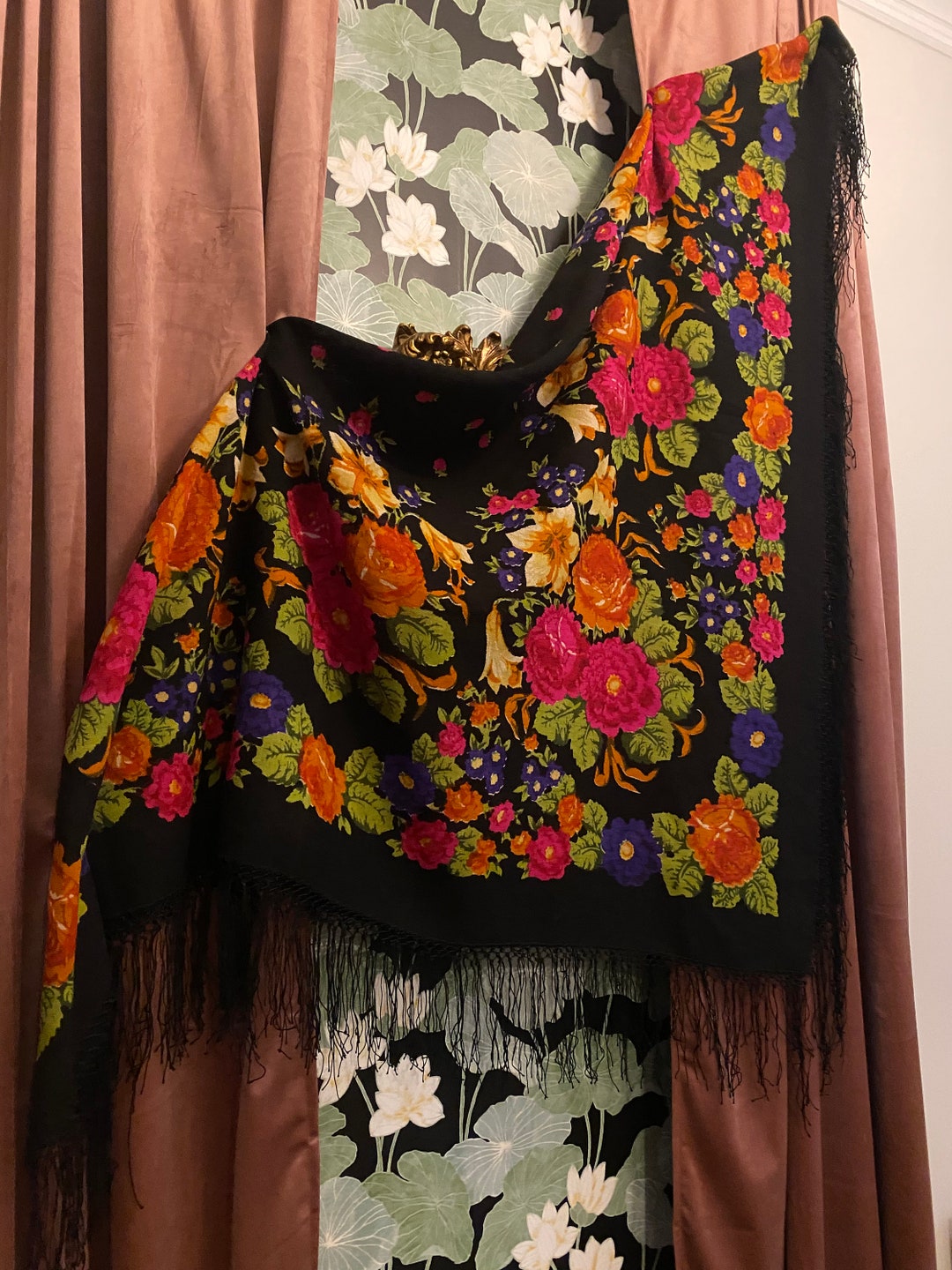 Huge Extra Large Black Vintage Wool Floral Dikhlo Fringe Shawl 56x56 - Etsy