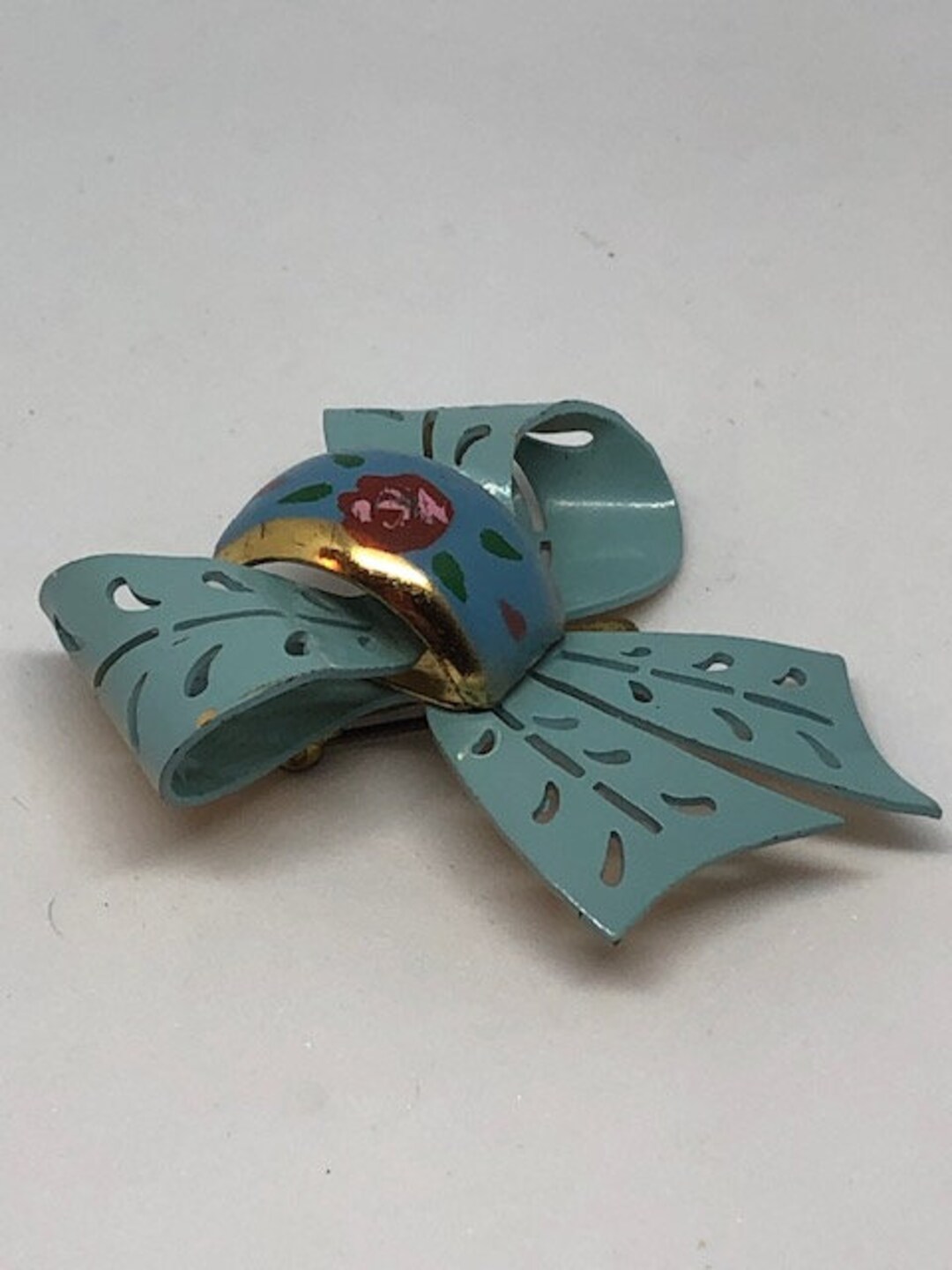 Vintage Enameled Blue Bow Brooch With Hand Painted Flower, 1960s ...