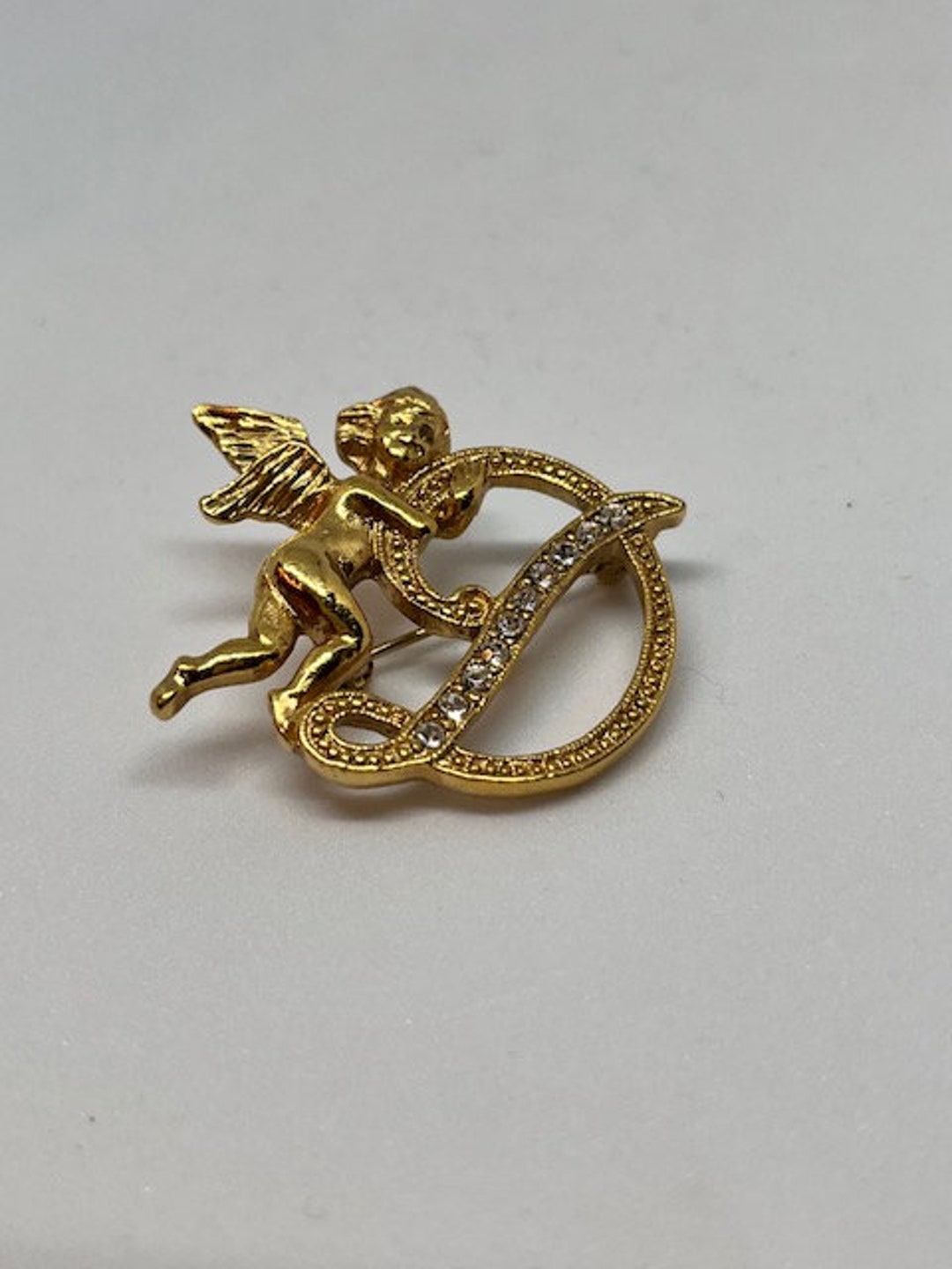 Vintage Gold Tone Angel Mongram D Pin With Rhinestones. Angel Brooch - Etsy