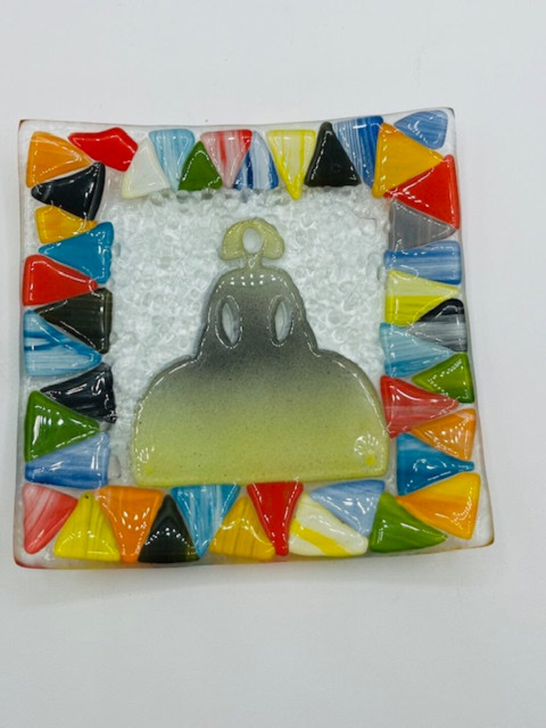 Fused Art Glass Trinket Dish Square Mosaic Triangle Border Lady in ...