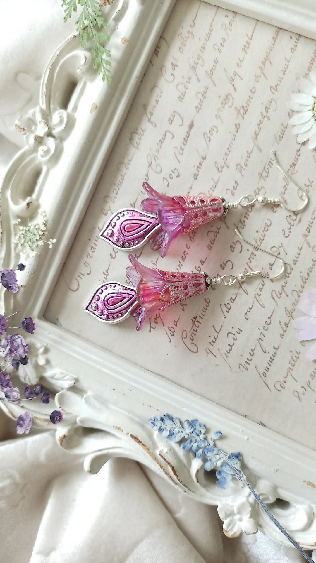 Pink Purple Flower Fairy Earrings, Paisley Drops Hand-painted Magenta ...